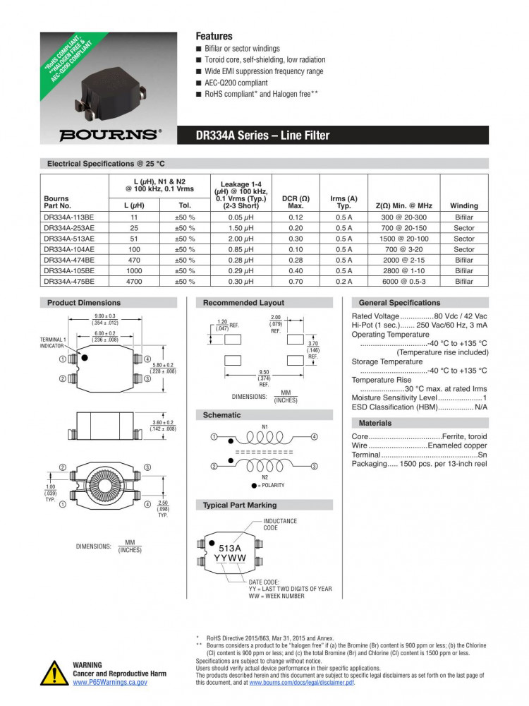 BOURNS DR334A series datasheet page 1