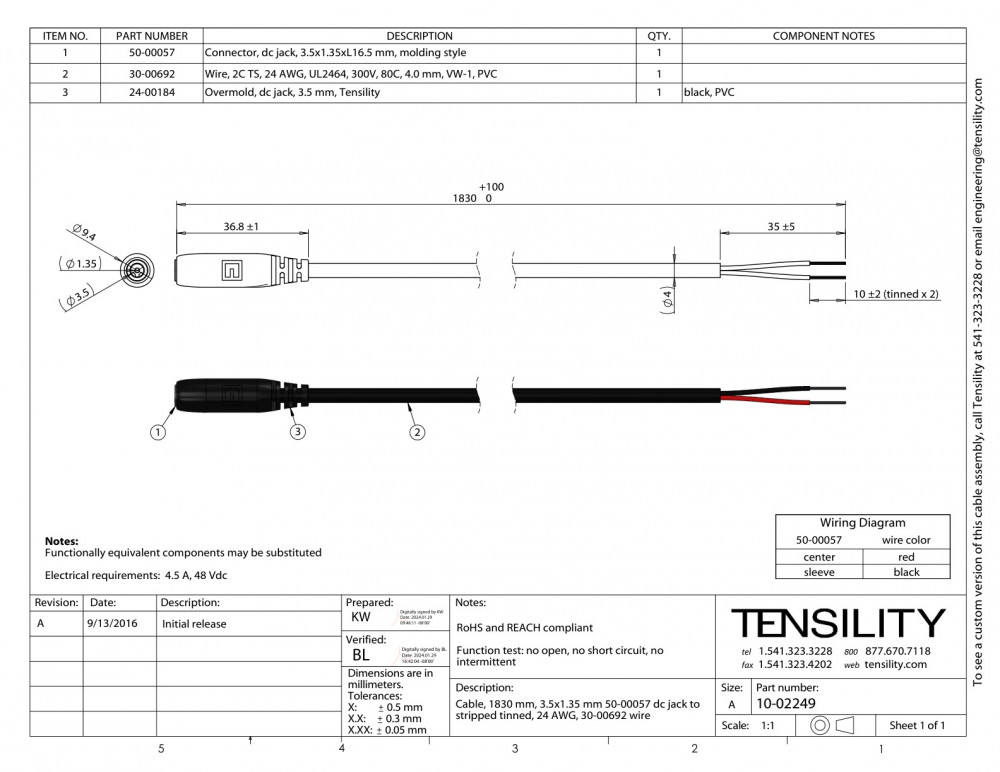 Tensility International 10-02249 cable assembly product drawing