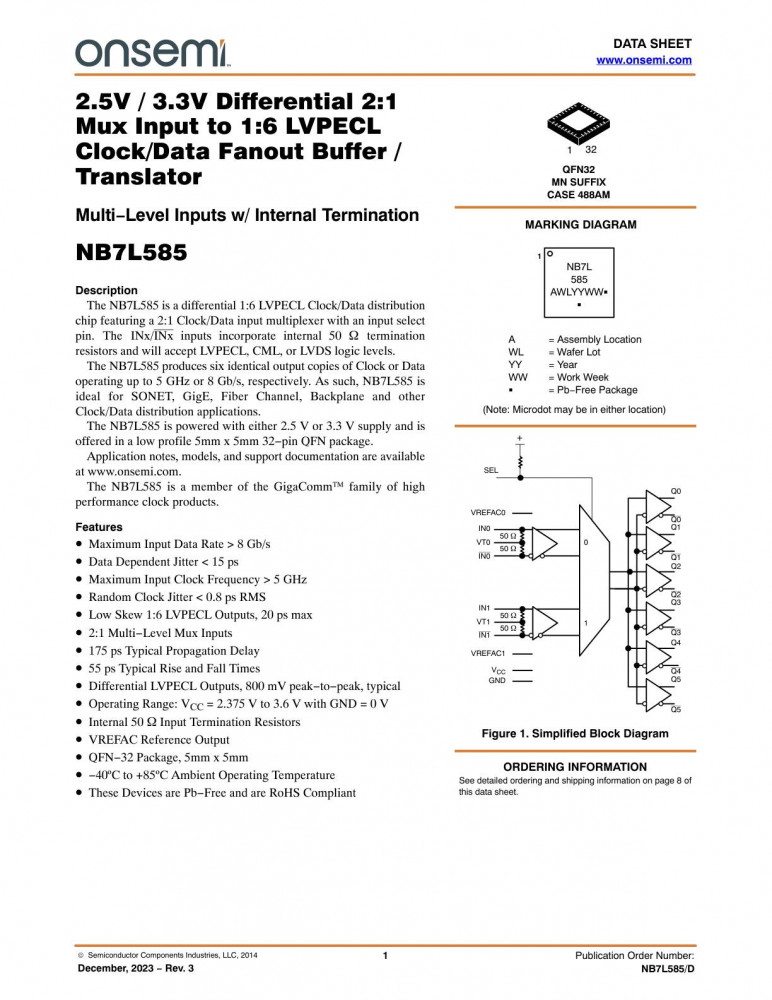 NB7L585 datasheet page 1