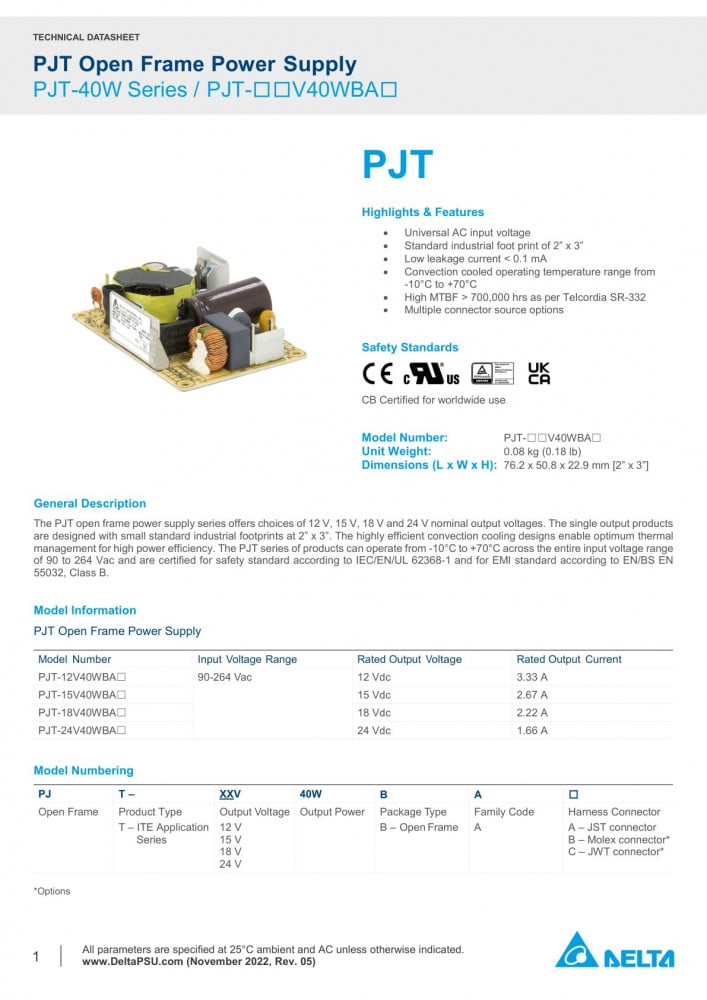 DELTA PJT-24V40WBAA datasheet page 1