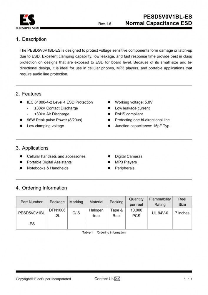 PESD5V0V1BL-ES datasheet page 1