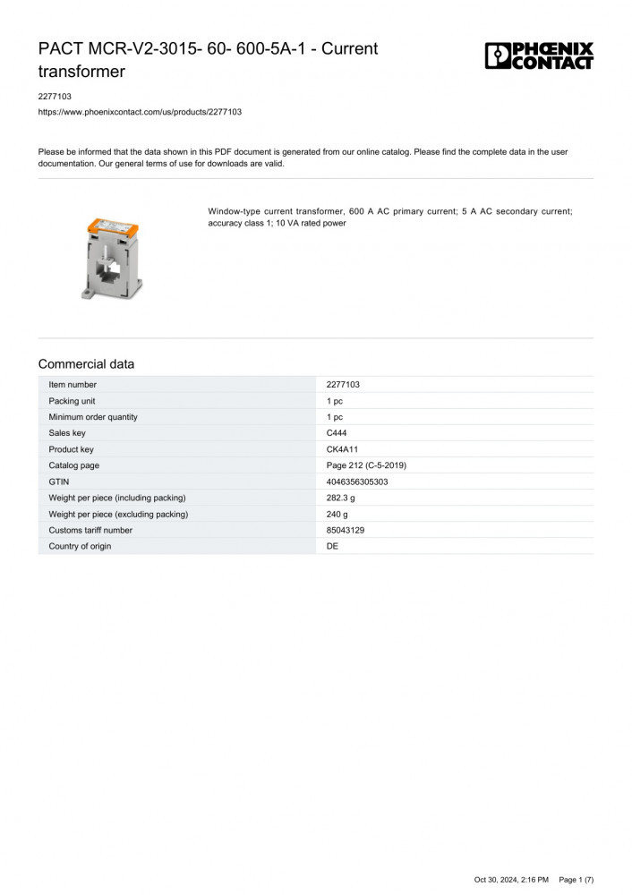 Phoenix Contact 2277103 technical document page 1