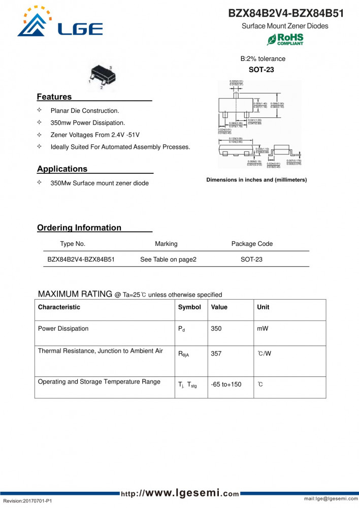 LGE BZX84B20 datasheet page 1