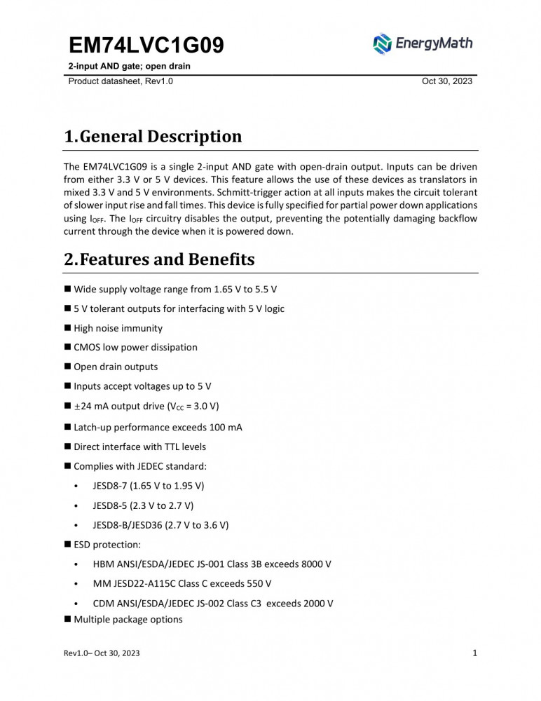 EM74LVC1G09GV datasheet page 1
