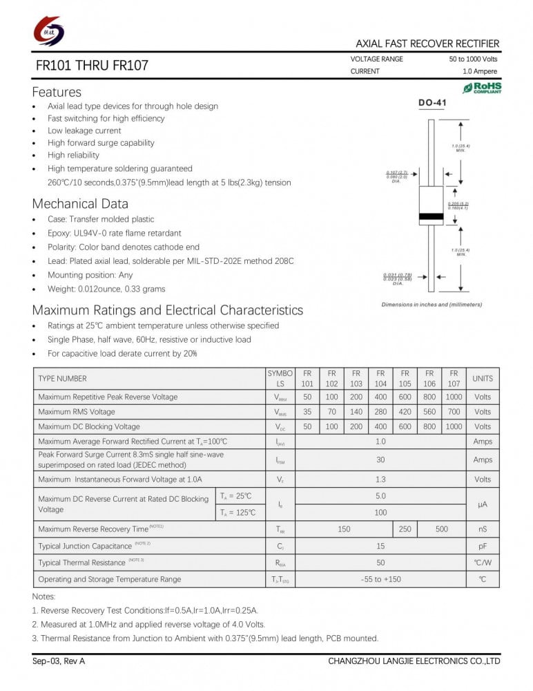 FR105 datasheet page 1
