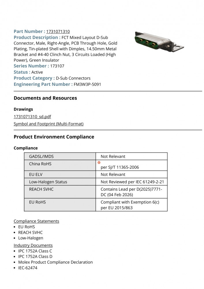MOLEX 1731071310 product drawing, page 1