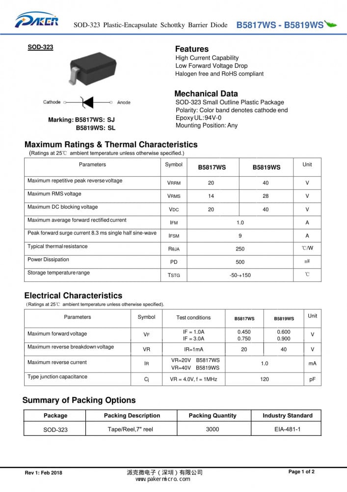 PAKER B5817WS technical document page 1