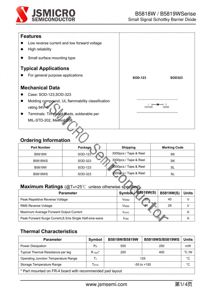 B5819WS datasheet page 1
