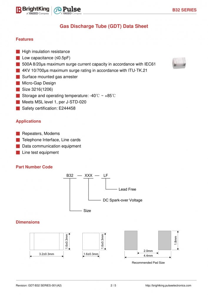 B32 series GDT datasheet page 1