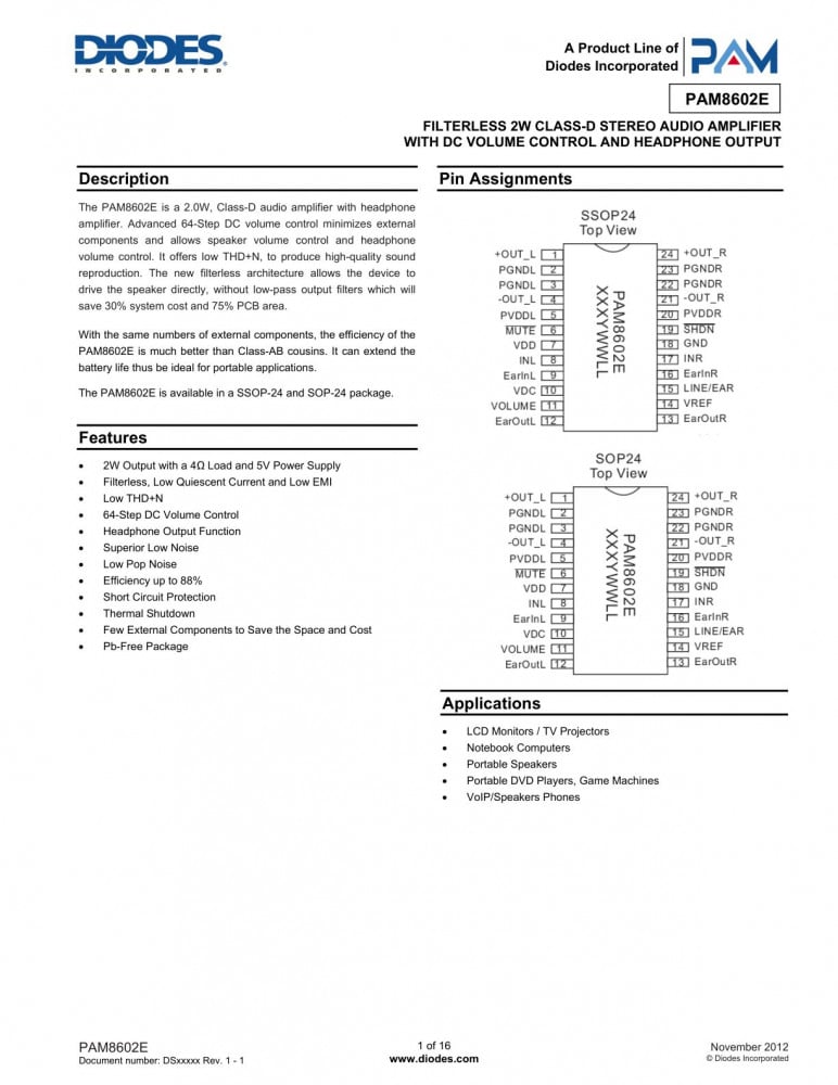 PAM8602ENHR datasheet page 1