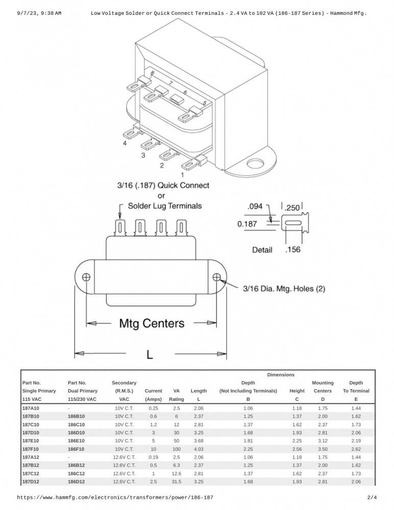 Hammond 186-187 Series technical document page 2