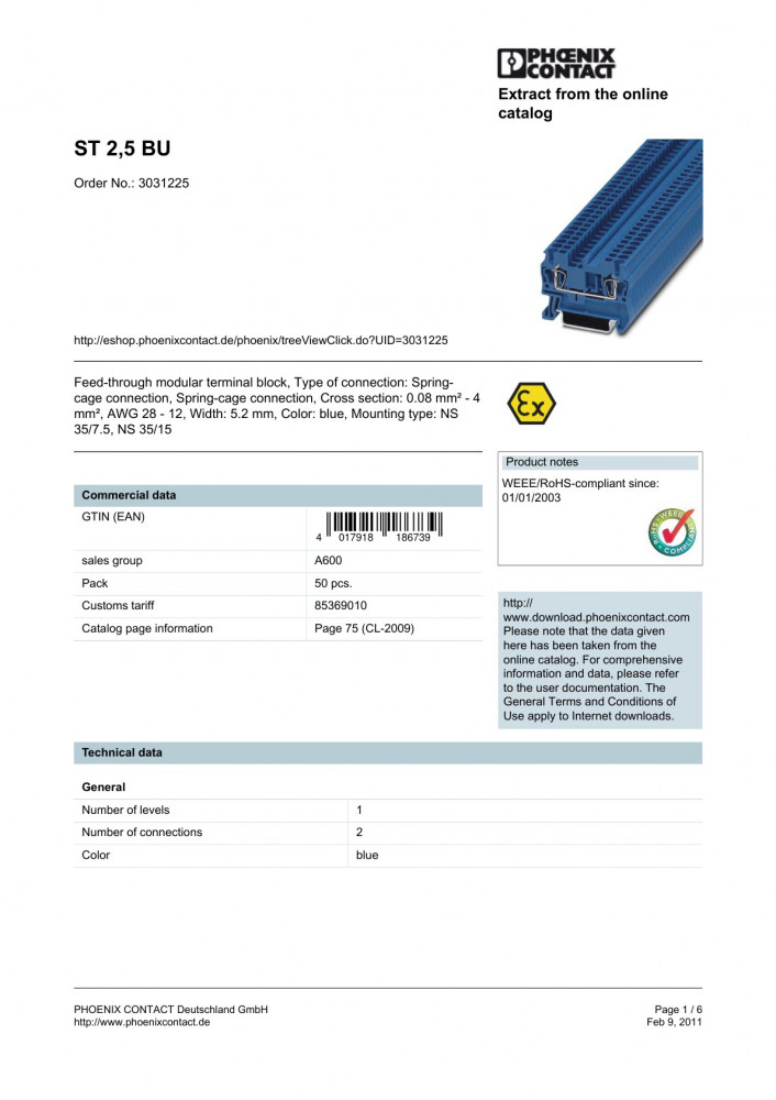 Phoenix Contact ST 2,5 BU technical document page 1