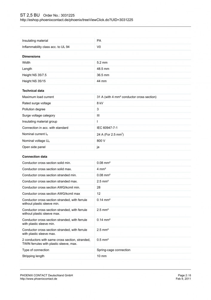 Phoenix Contact ST 2,5 BU technical document page 2