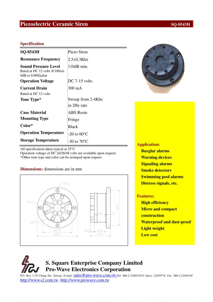SQ-8543H piezo siren specification and drawing