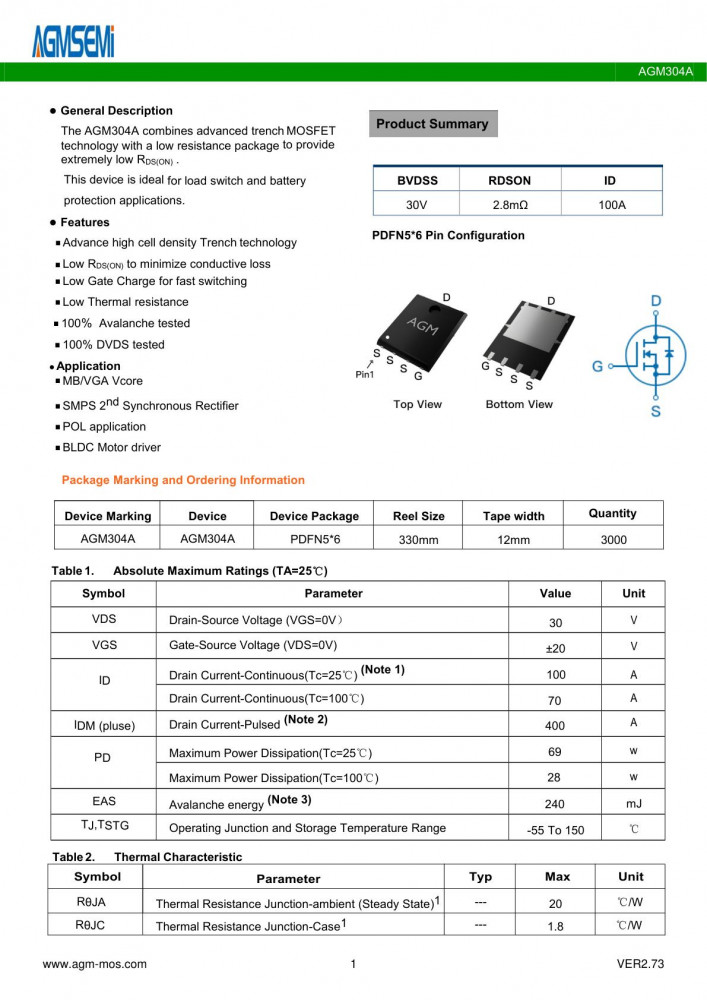 AGM304A datasheet page 1