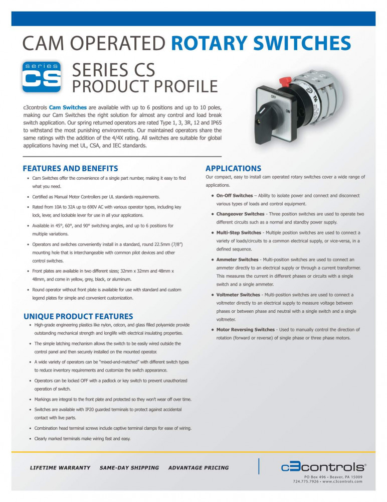 c3controls Series CS cam switch documentation page 1