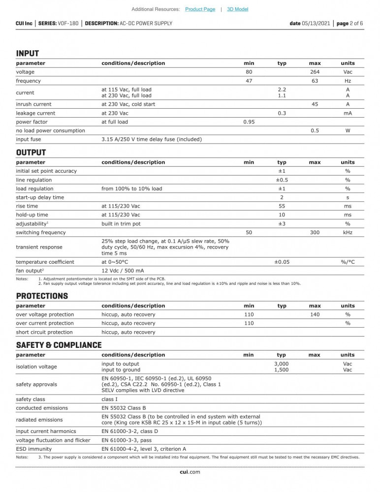 VOF-180 series datasheet page 2