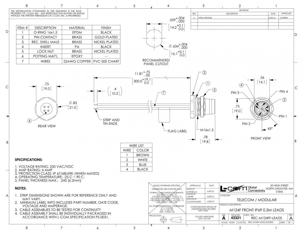 L-com REC-M124FF-LEADS technical drawing