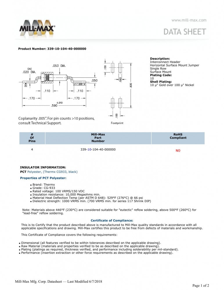 Mill-Max 339-10-104-40-000000 technical documentation page 1