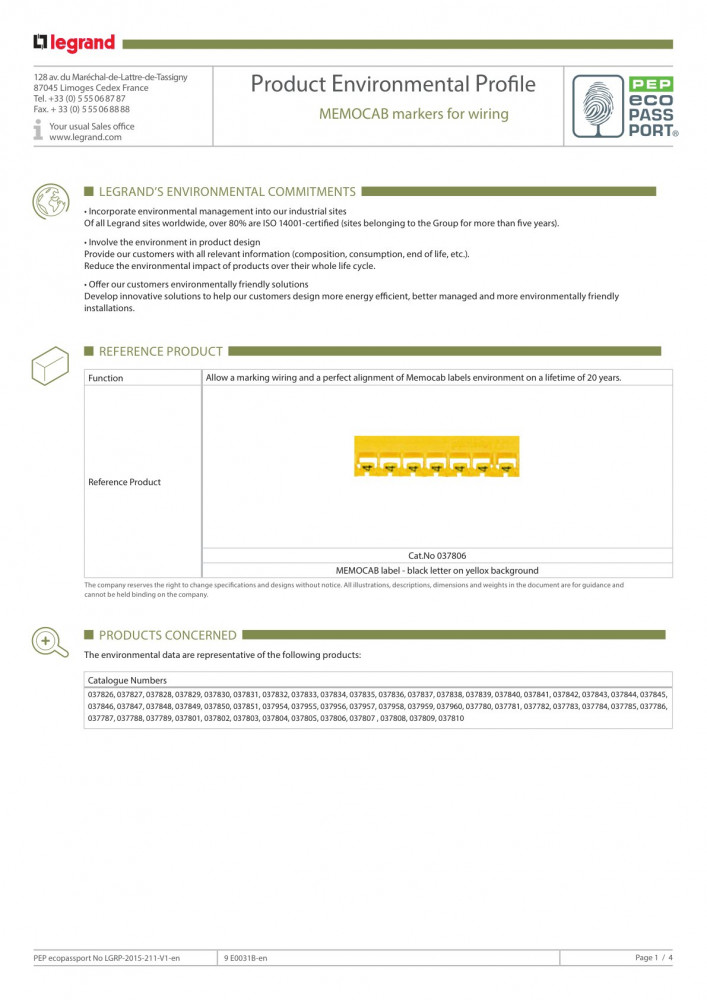 Legrand MEMOCAB environmental profile, page 1