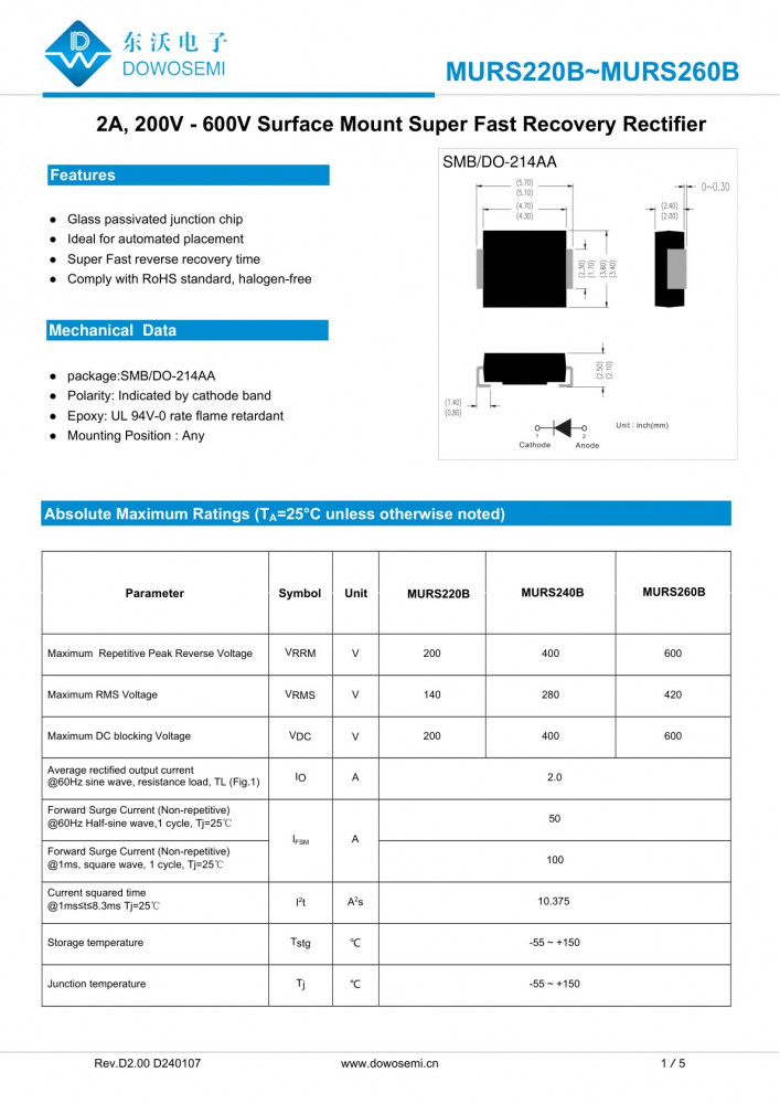 MURS260B datasheet page 1
