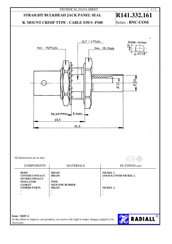 Radiall R141332161 product drawing and dimensional documentation