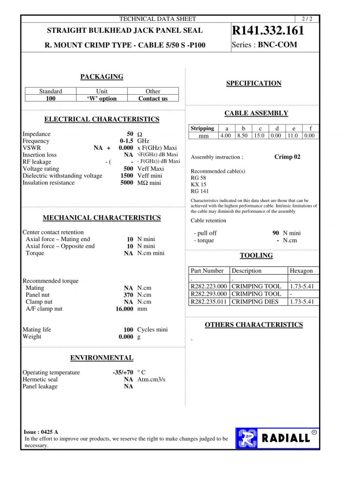 Radiall R141332161 specification documentation