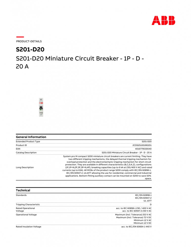 ABB S201-D20 technical document page 1