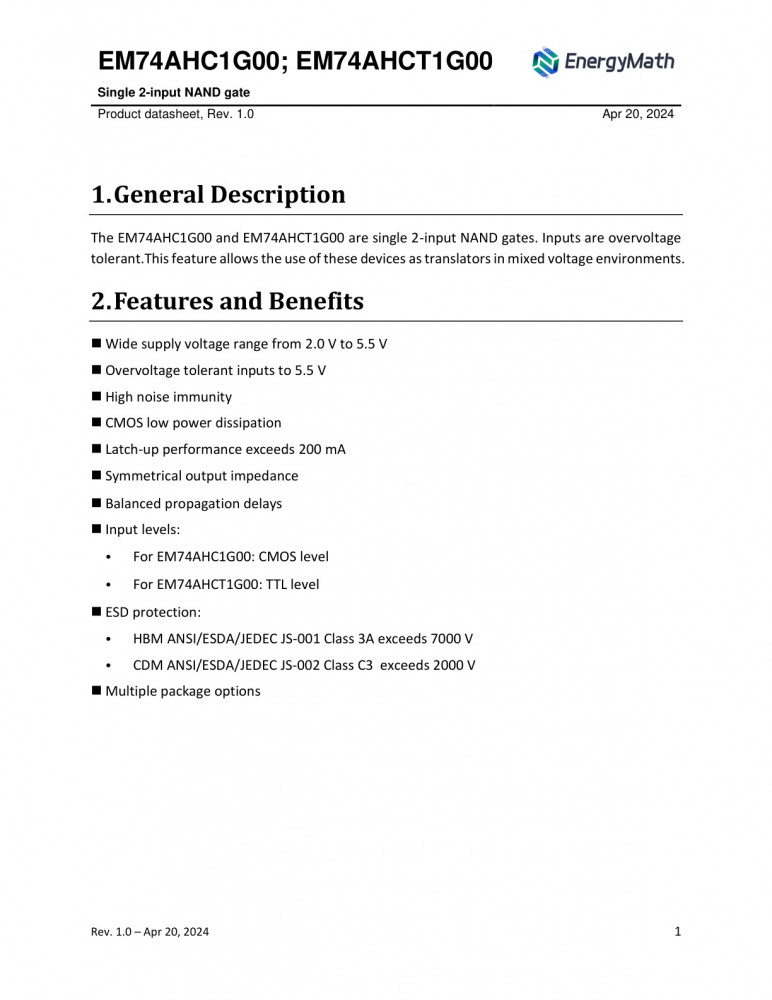 EM74AHC1G00GV datasheet page 1