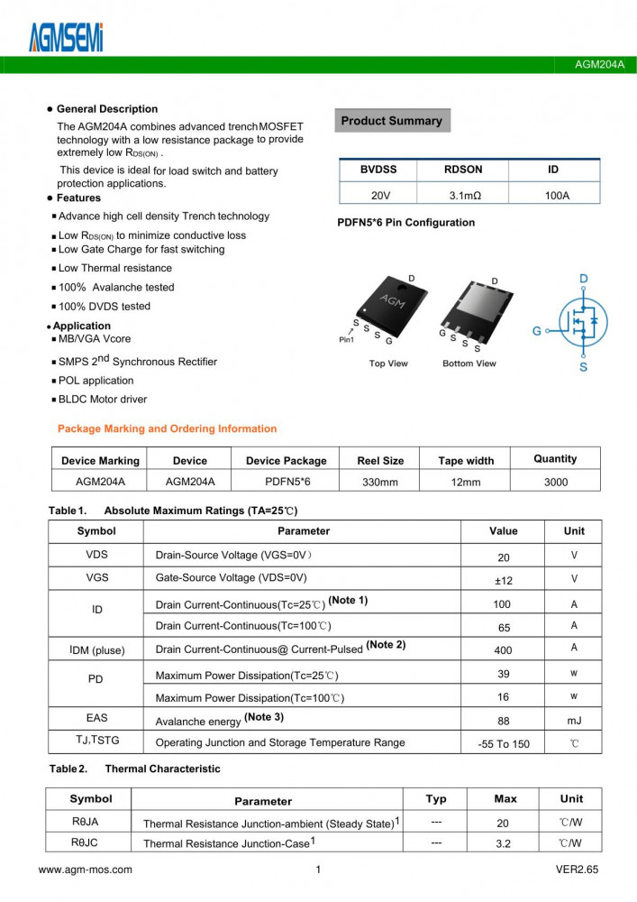 AGM204A datasheet page 1