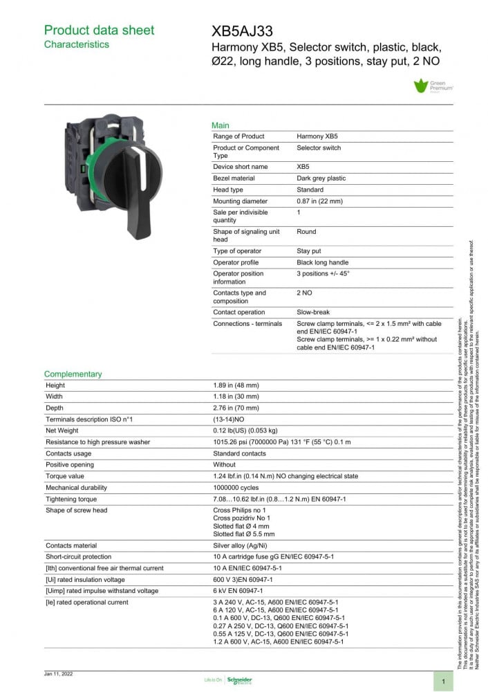 XB5AJ33 technical document page 1