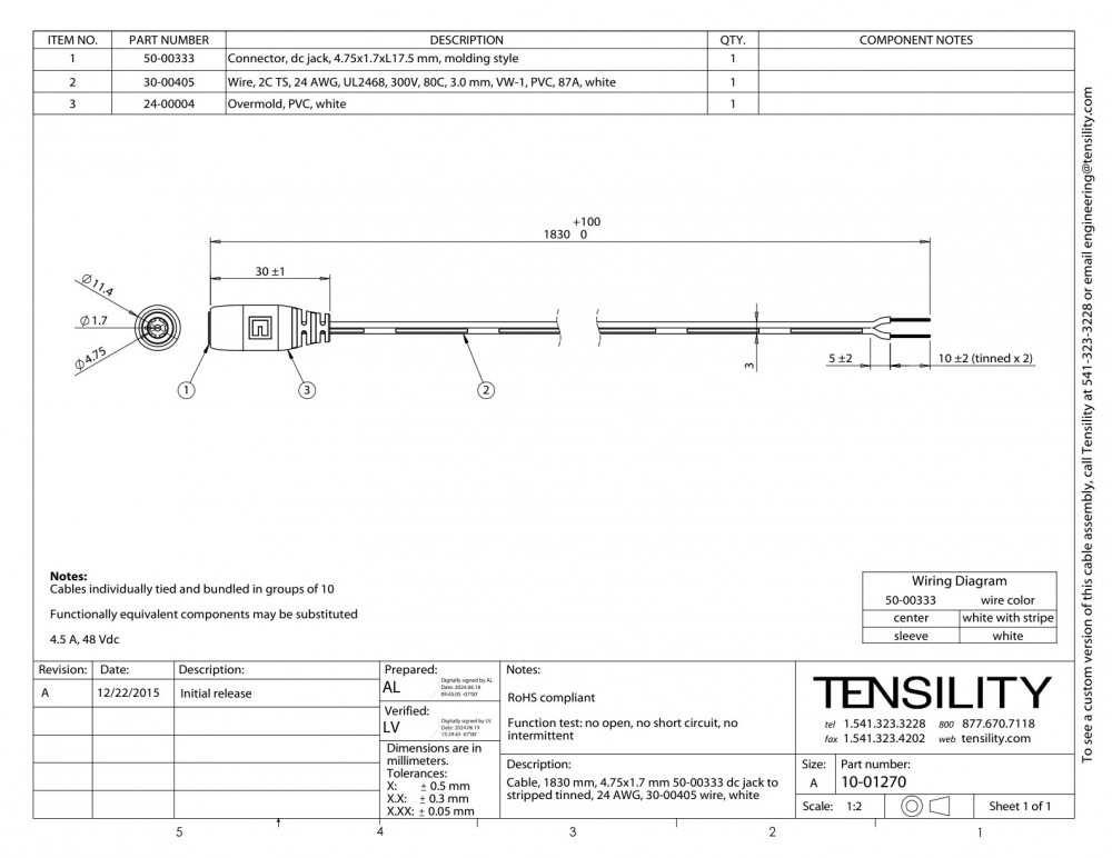 Tensility 10-01270 product drawing and wiring information