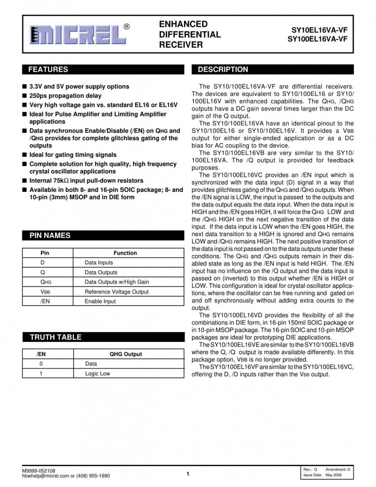 SY100EL16VDKG datasheet page 1