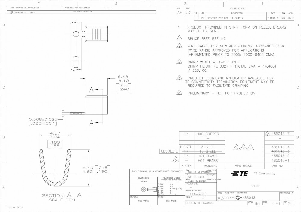 TE Connectivity 485043-1 technical drawing