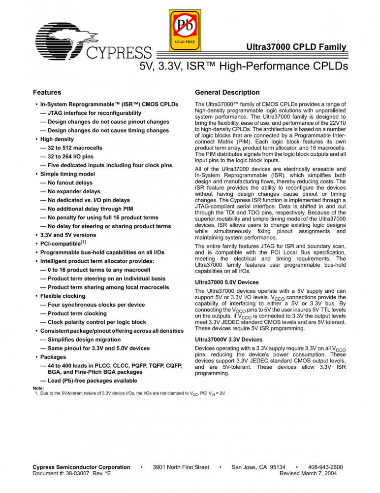 CY37128VP160-83AXC document page 1