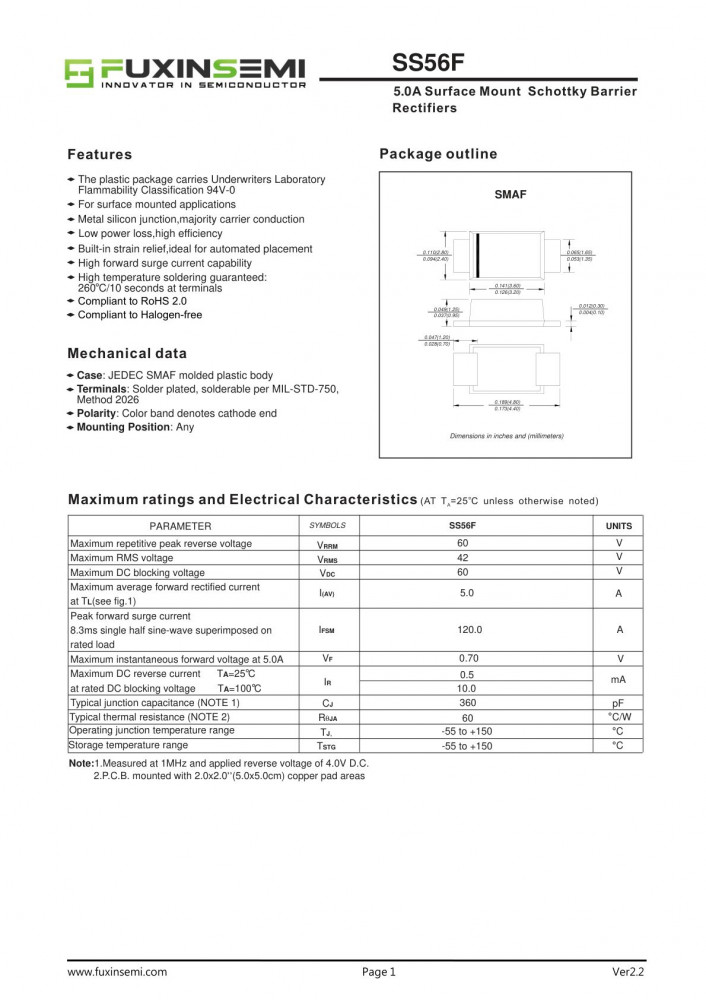 SS56F datasheet page 1