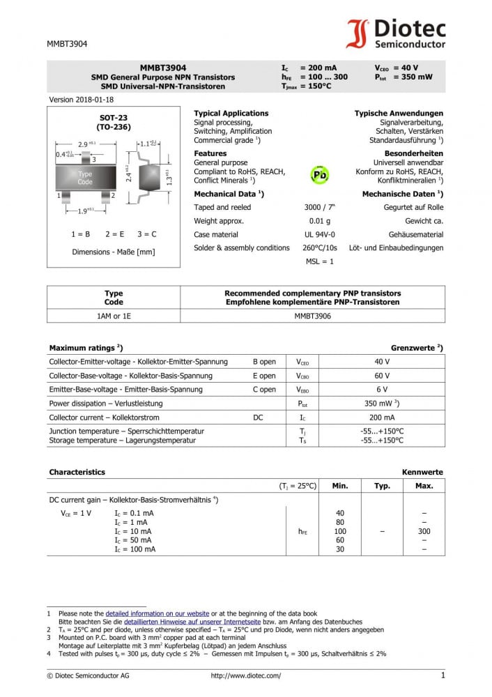 DIOTEC MMBT3904 datasheet page 1