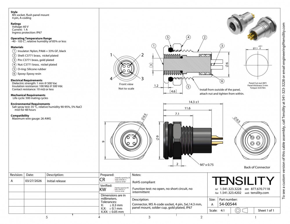 Tensility International 54-00544 M5 A-coded 4-pin panel-mount socket drawing