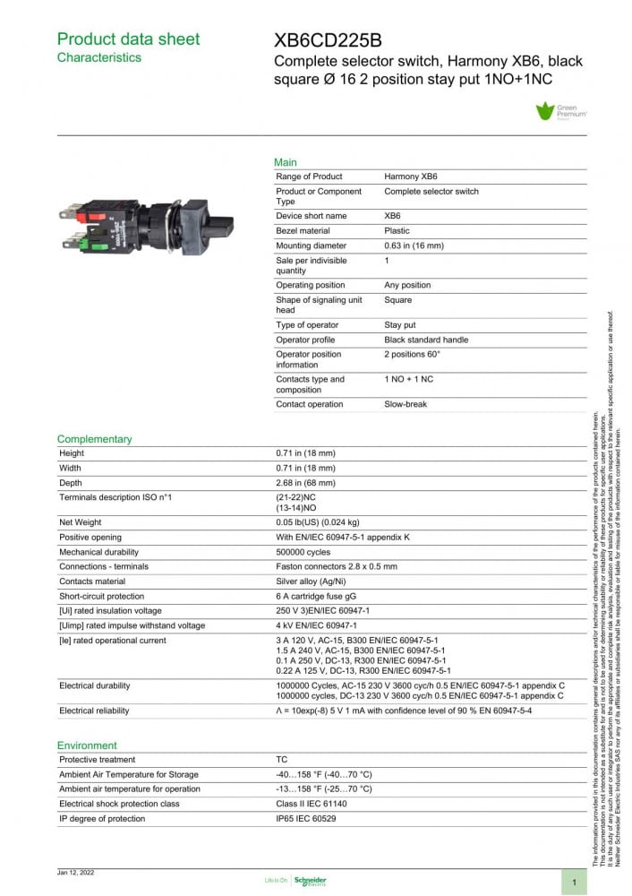 XB6CD225B technical document page 1