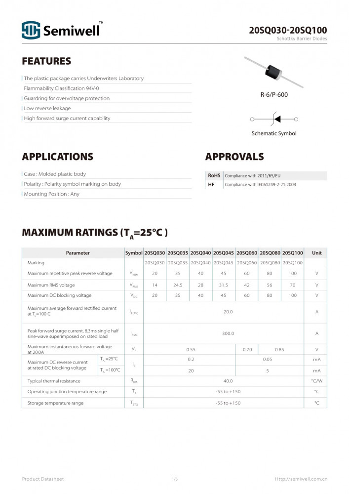 Semiwell 20SQ rectifier datasheet page 1