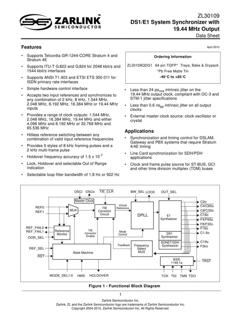 ZL30109QDG1 datasheet page 1