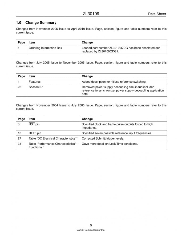 ZL30109QDG1 datasheet page 5