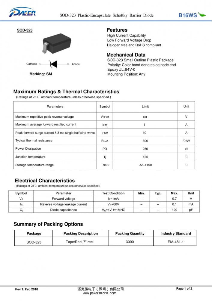 PAKER B16WS datasheet page 1