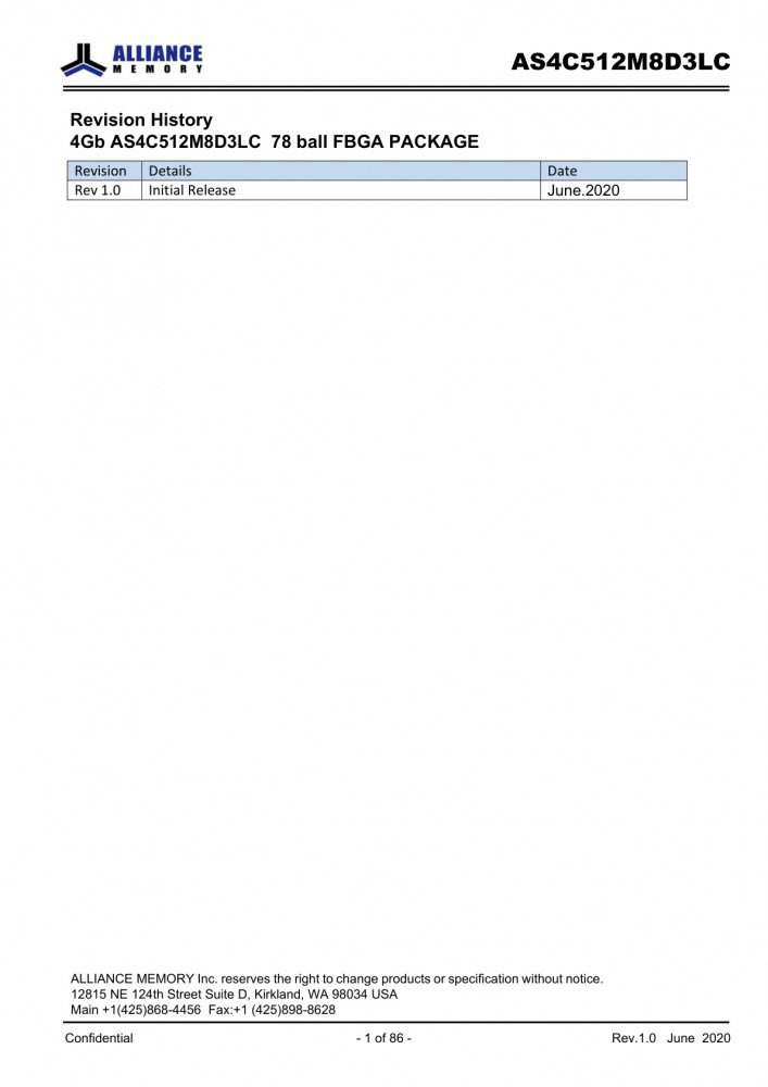 AS4C512M8D3LC datasheet page 1