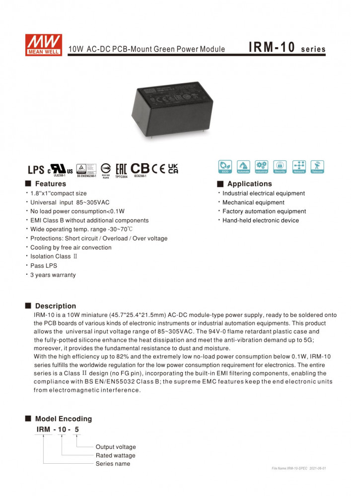 MEAN WELL IRM-10 series datasheet page 1