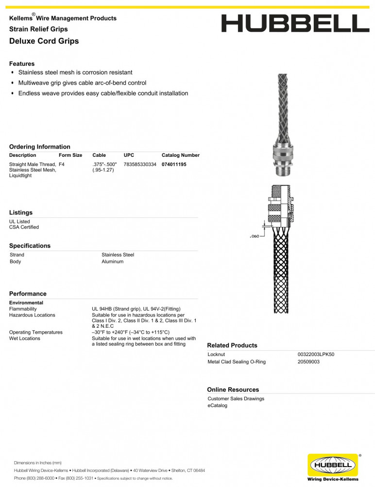 Product documentation image for Burndy catalog number 074011195