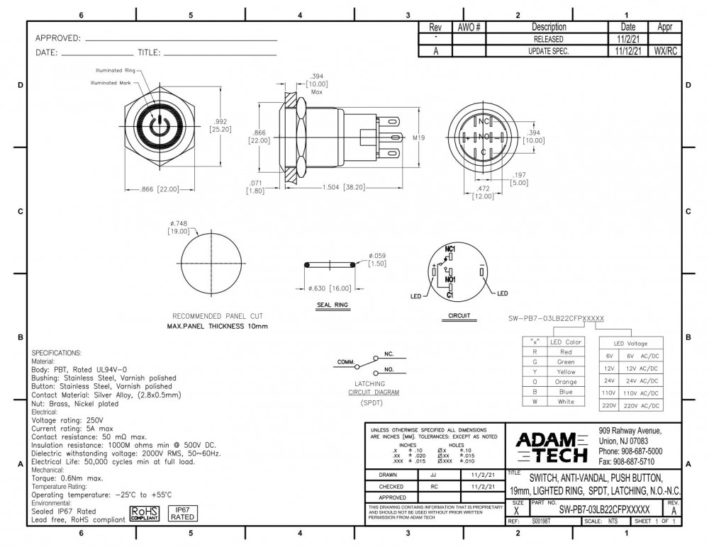 ADAM TECH SW-PB7 anti-vandal illuminated pushbutton technical drawing