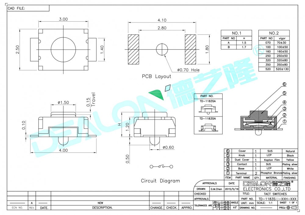DEALON TD-1183SN-1.5H-160 technical drawing