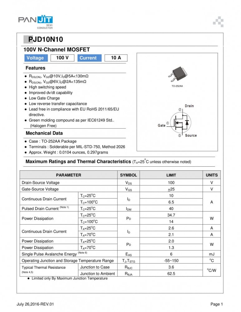 PJD10N10 datasheet page 1