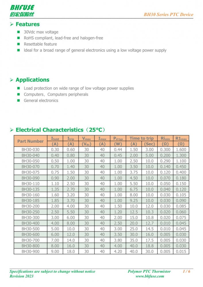 BHFUSE BH30 series datasheet page 1
